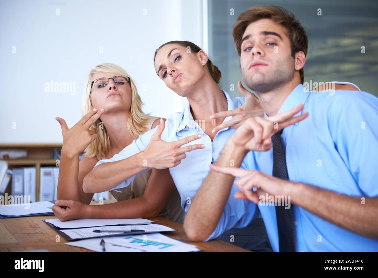 Silly portrait, pose and business people with hand gesture for cool ...