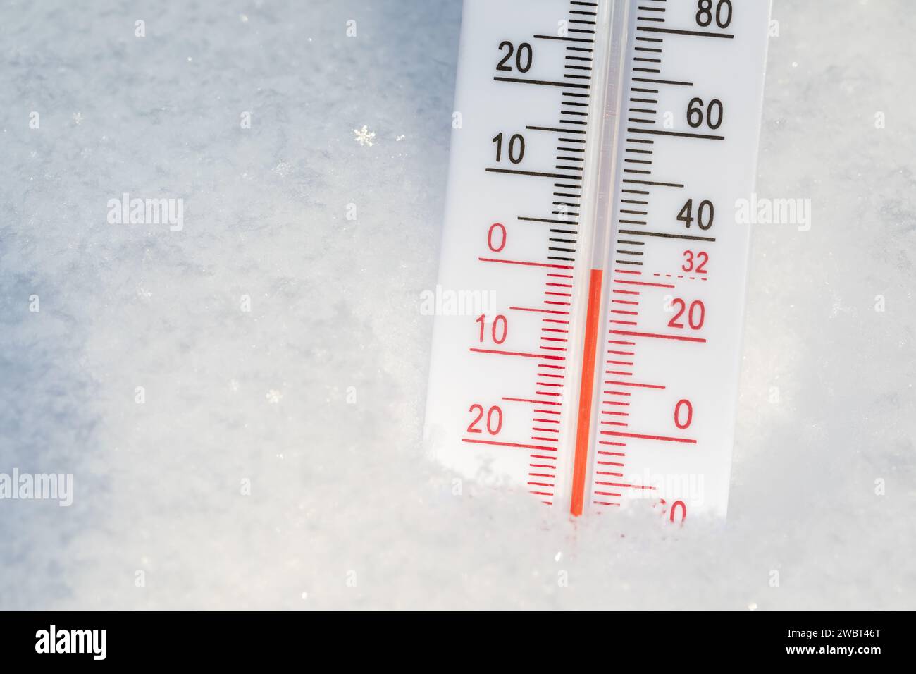 Close-up shot of outdoor thermometer with Celsius and Farenheit scale ...