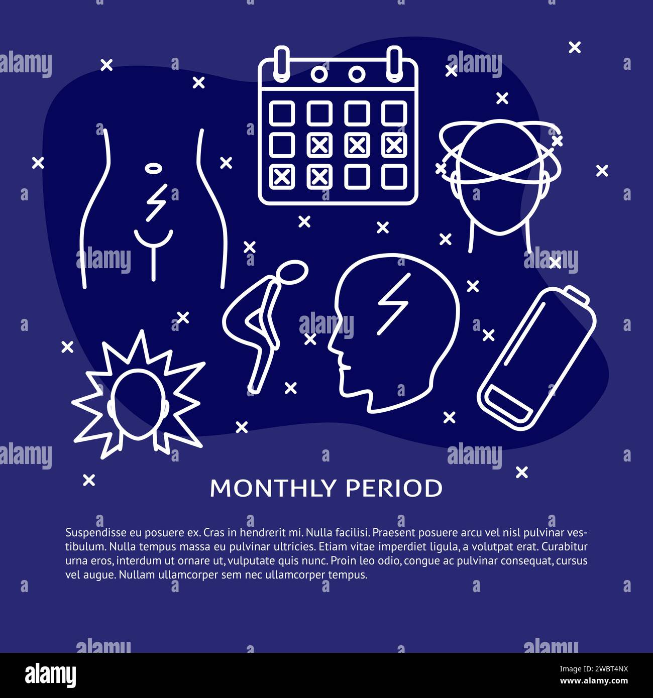 Menstrual period symptoms banner or poster template in line style ...