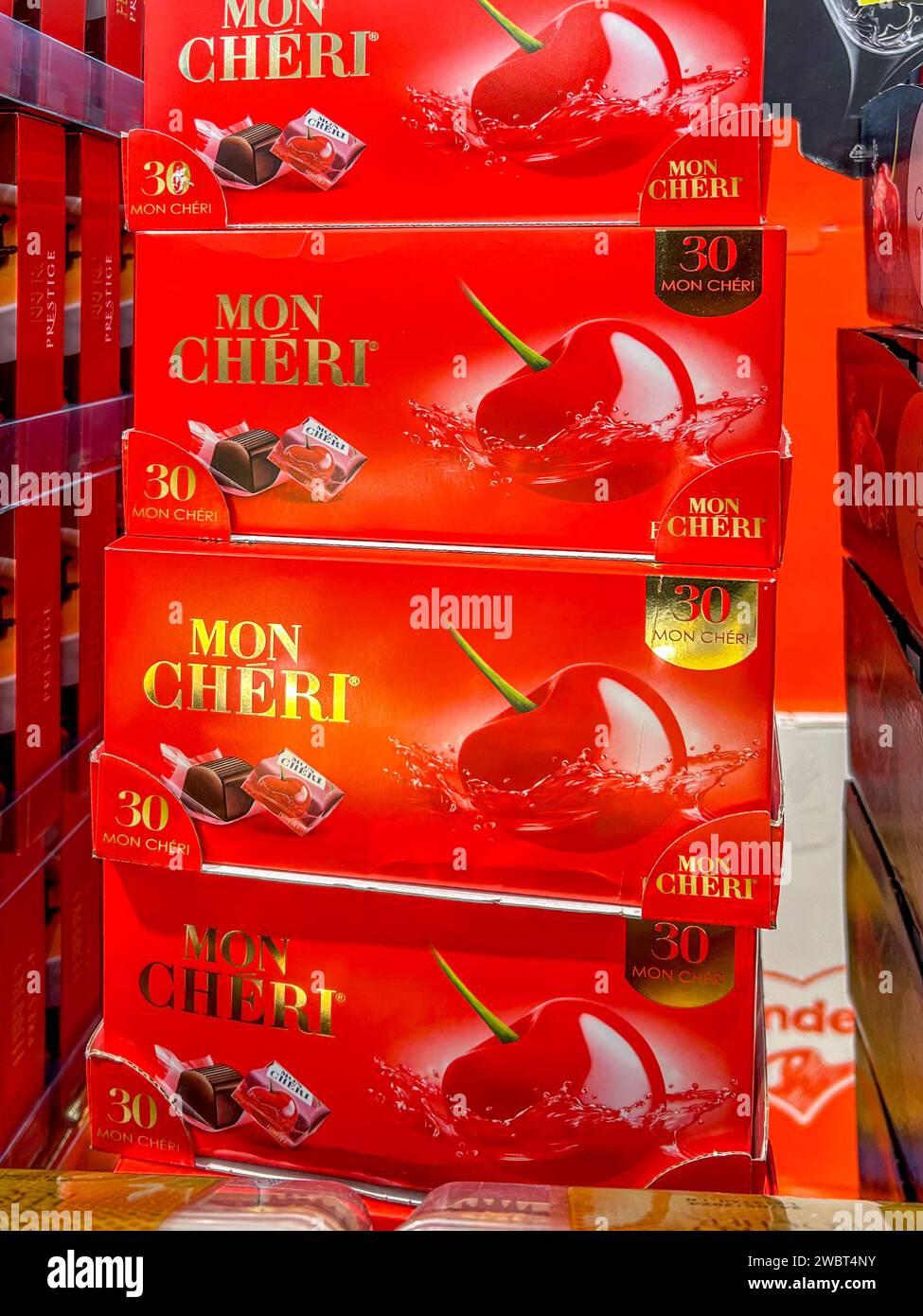 italy - January 12, 2024: Ferrero Mon Chery chocolates with cherry and ...
