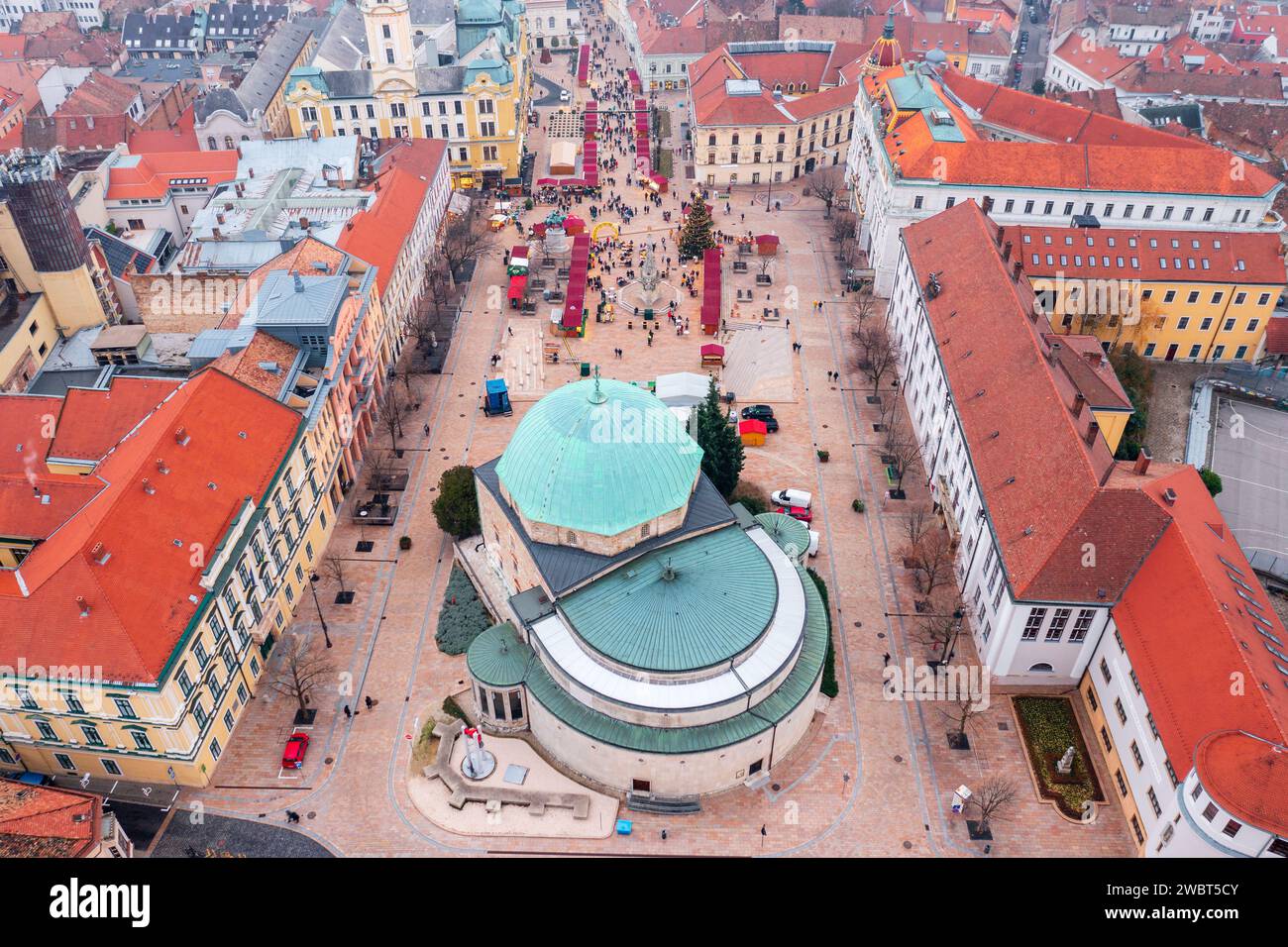 Aerial skyline view about the christmas market at downtown of Pecs next ...