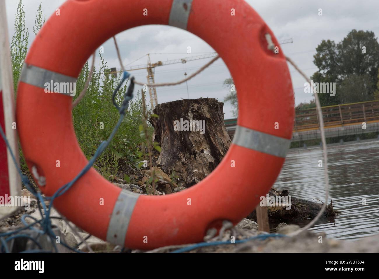 life belt with warning sign on risks and hazards in seafaring and ...