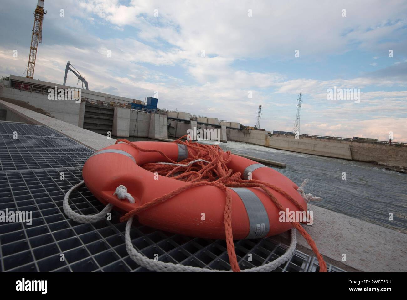 life belt with warning sign on risks and hazards in seafaring and ...