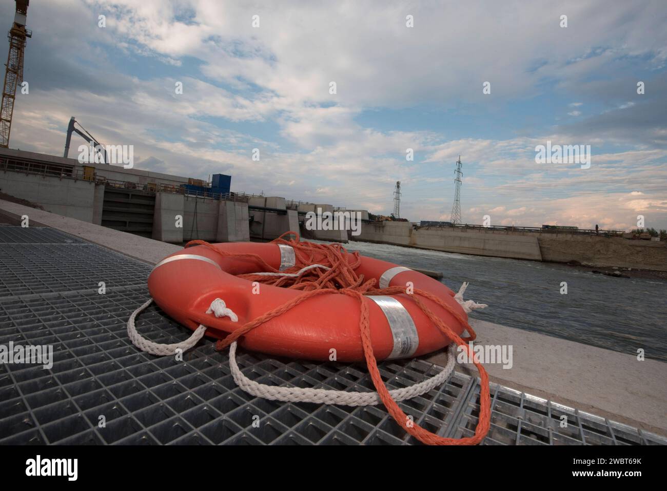 life belt with warning sign on risks and hazards in seafaring and ...