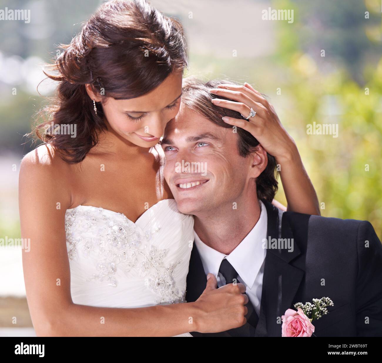Couple hug at wedding, happy and love for commitment with future and ...