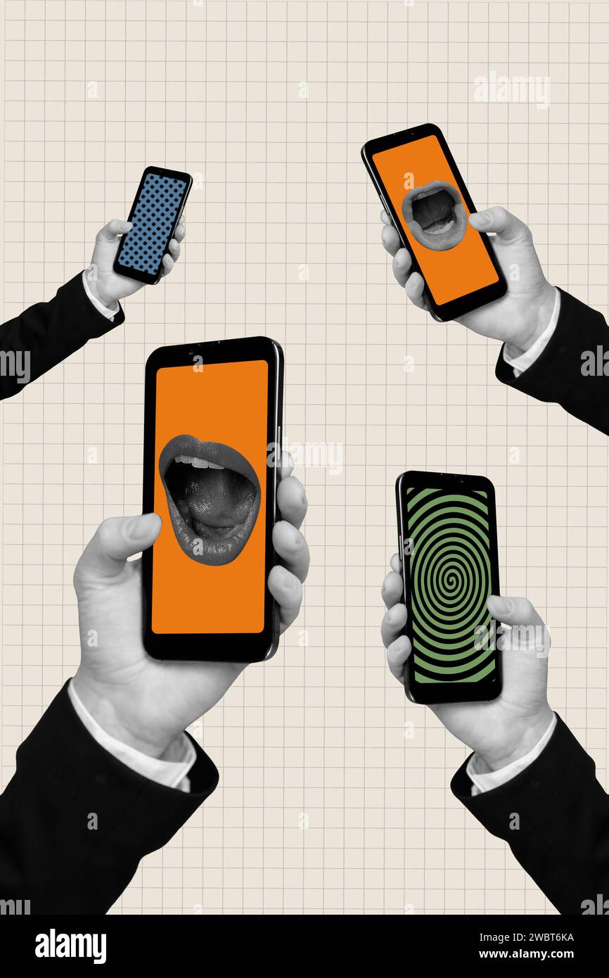 Vertical bizarre pop photo collage of hands holding mobile phones with ...