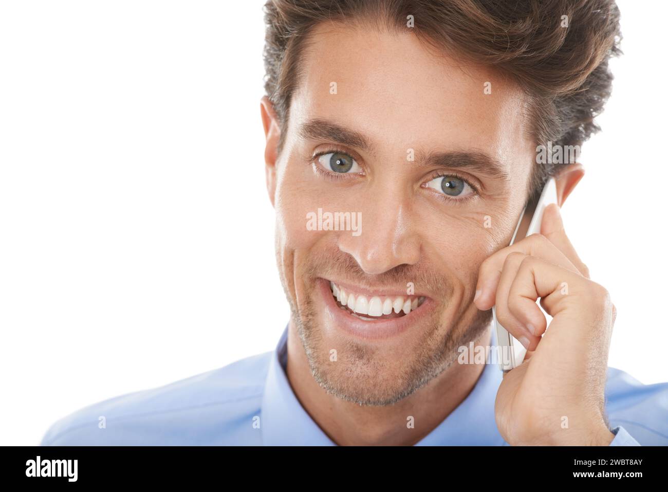 Happy businessman, portrait and phone call for communication or ...