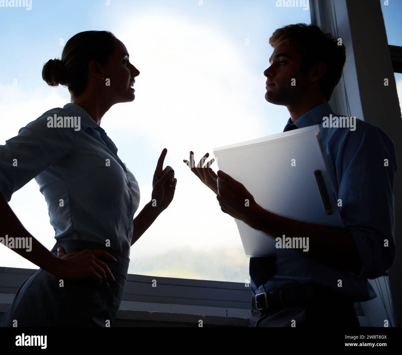 Business people, problem and silhouette of manager discussion with ...