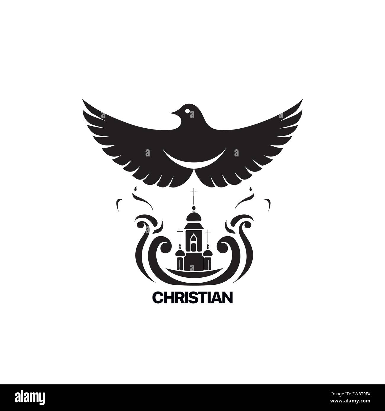 Christian Logo template with church, temple and dove wings. Black and ...