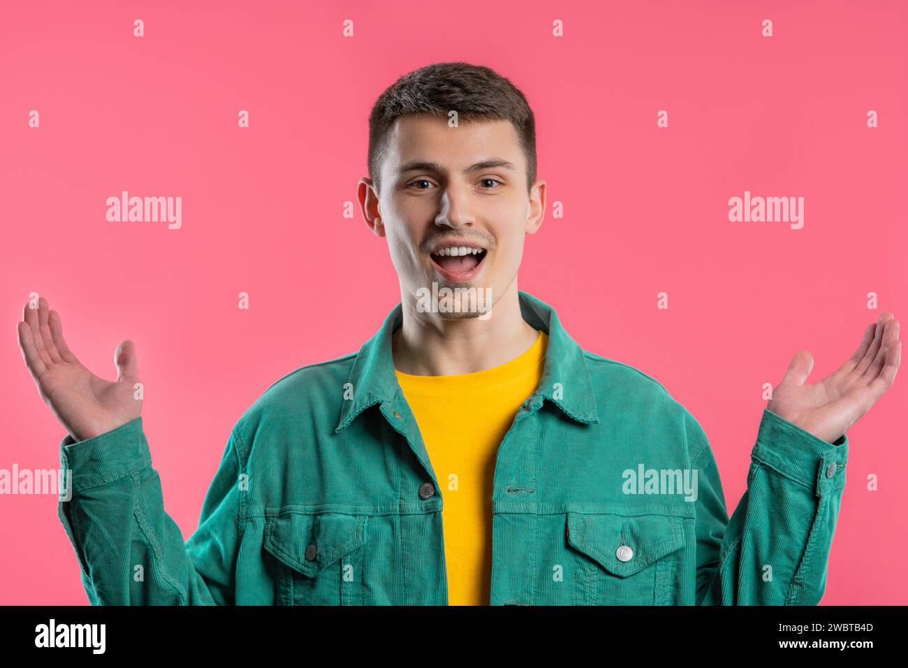 Shocked man glad, he screaming WOW. Impressed guy trying to get ...