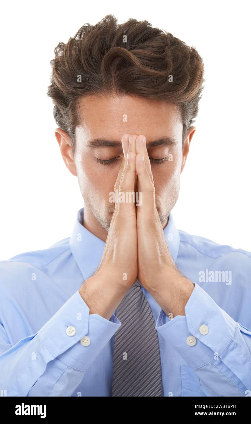 Business man, hands for praying and frustrated, serious crisis at law ...