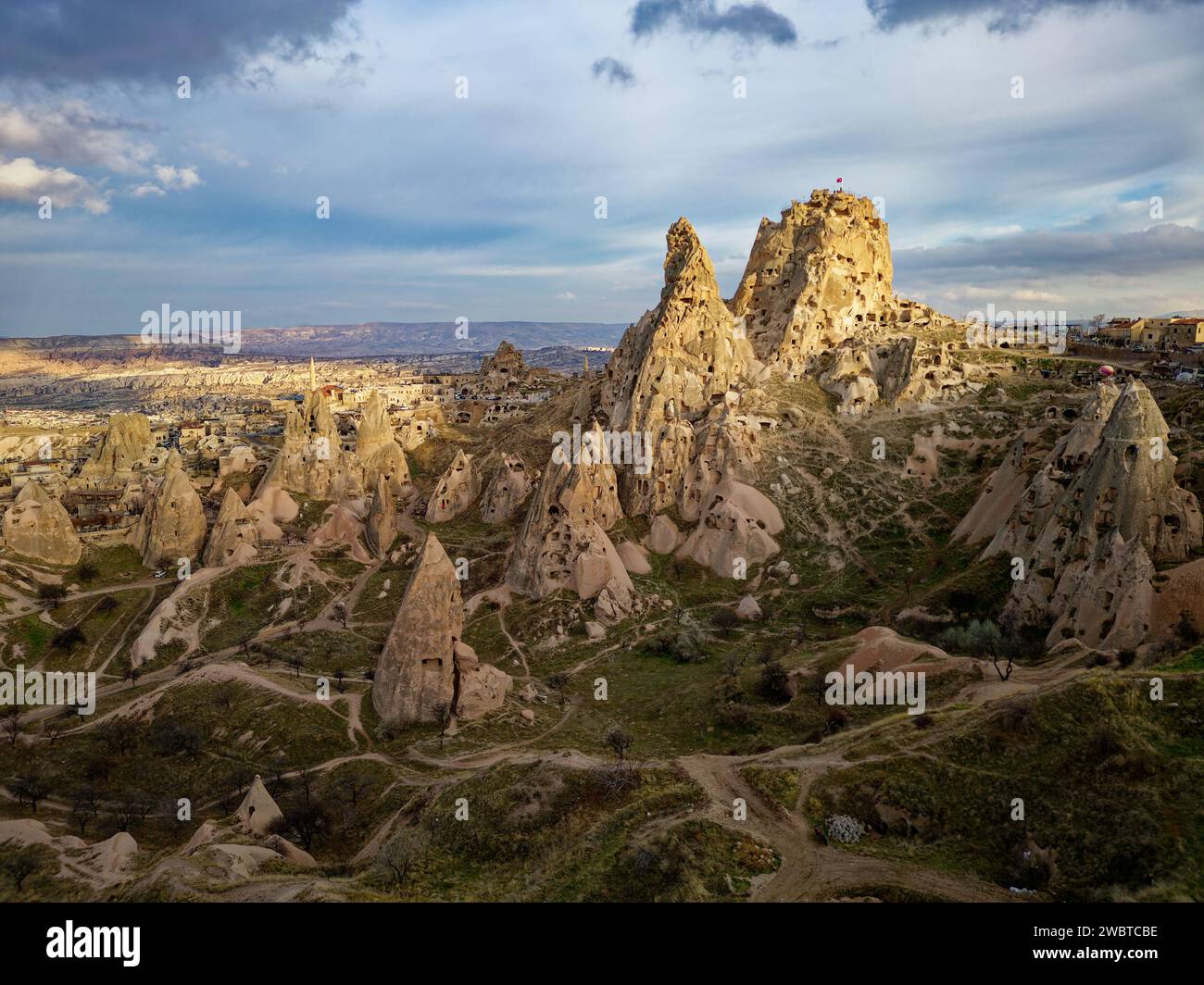 Aerial drone view of the Uchisar Castle in Cappadocia, Turkey during ...