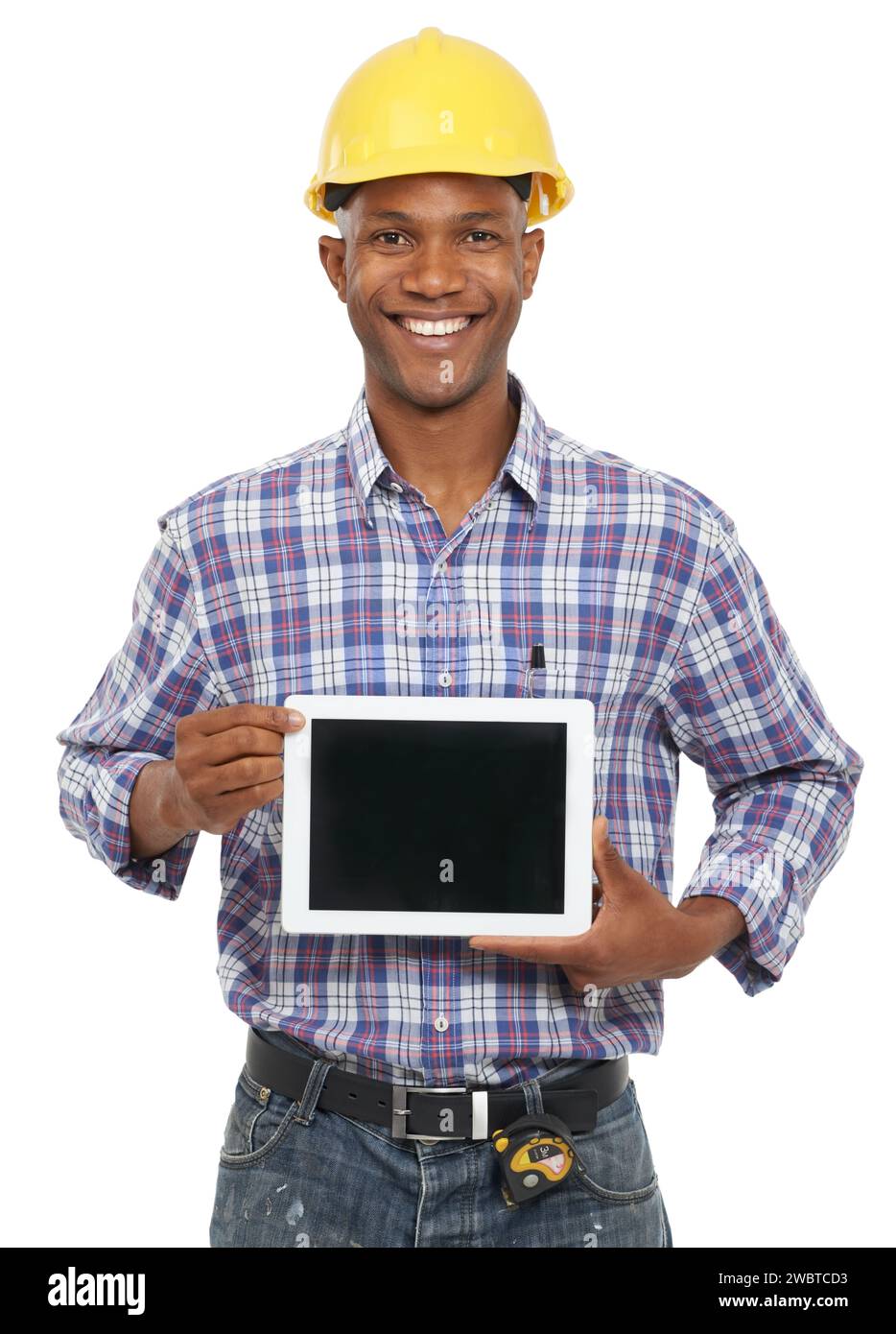 Tablet, happy and portrait of construction worker on a white background ...
