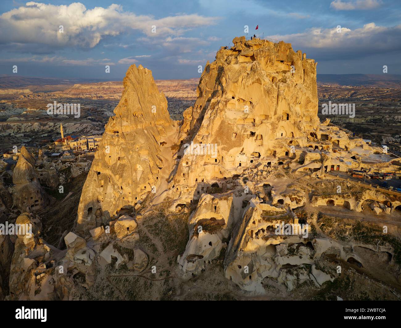 Aerial drone view of the Uchisar Castle in Cappadocia, Turkey during ...