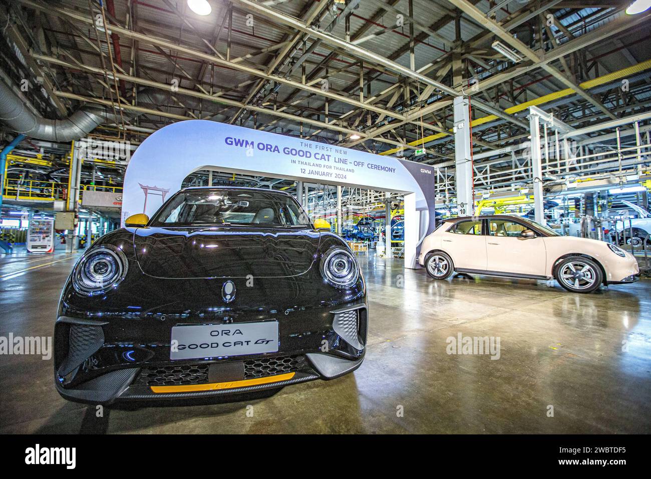 Rayong, Thailand. 12th Jan, 2024. The ORA Good Cat electric cars are ...