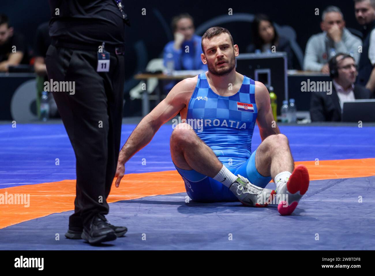 Zagreb, Hrvatska. 12th Jan, 2024. Ivan Huklek of Croatia reacts after ...