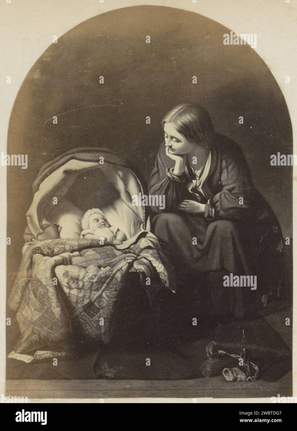 Photo production of (presumably) a painting of a mother at a cradle, c ...
