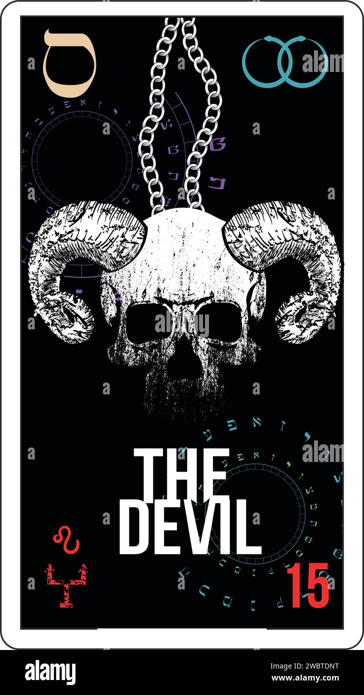 Egyptian tarot card number fifteen, called The Devil. Skull with horns ...