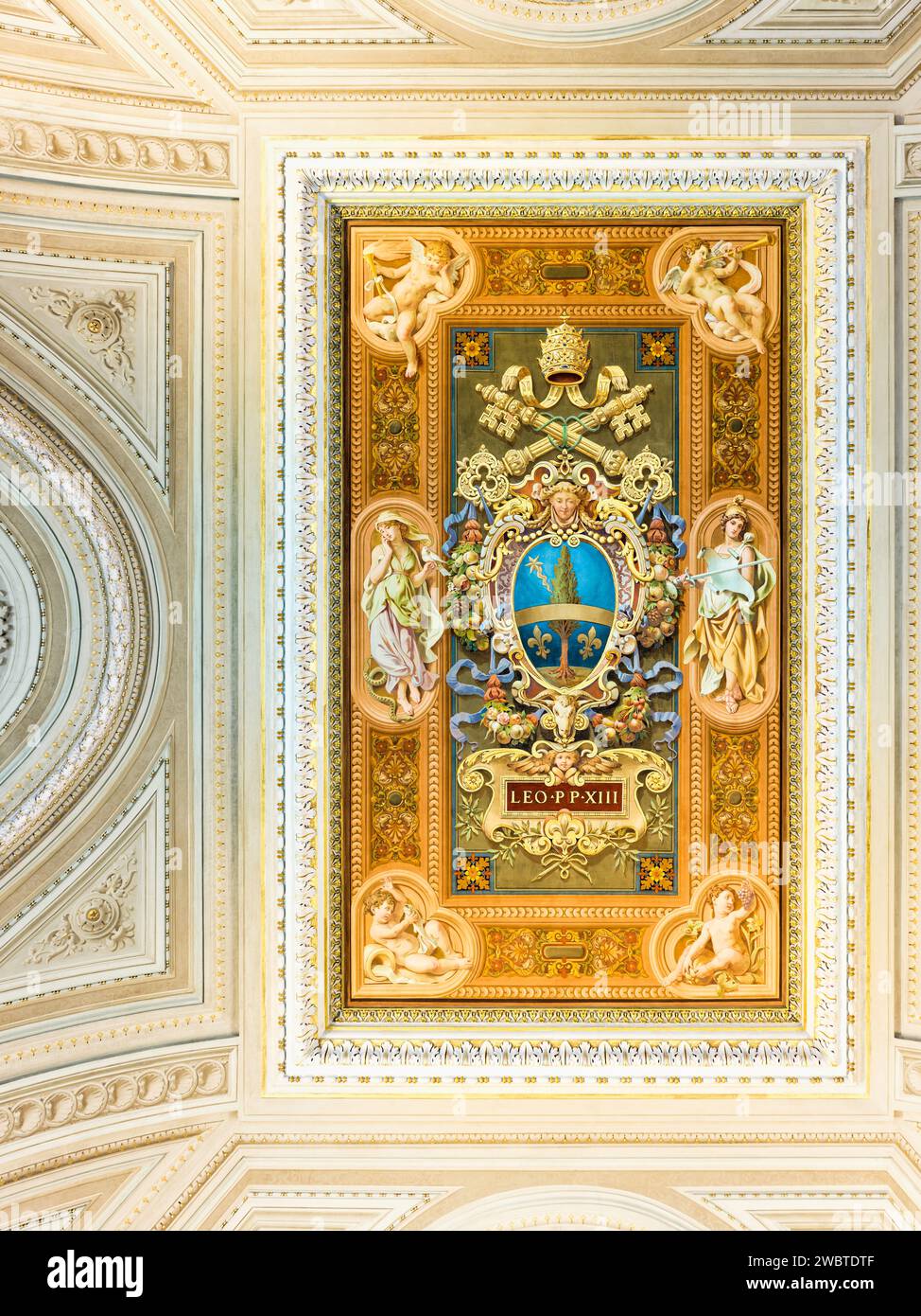 Painted ceiling featuring papal arms of Pope Leo XIII; Galleria dei ...