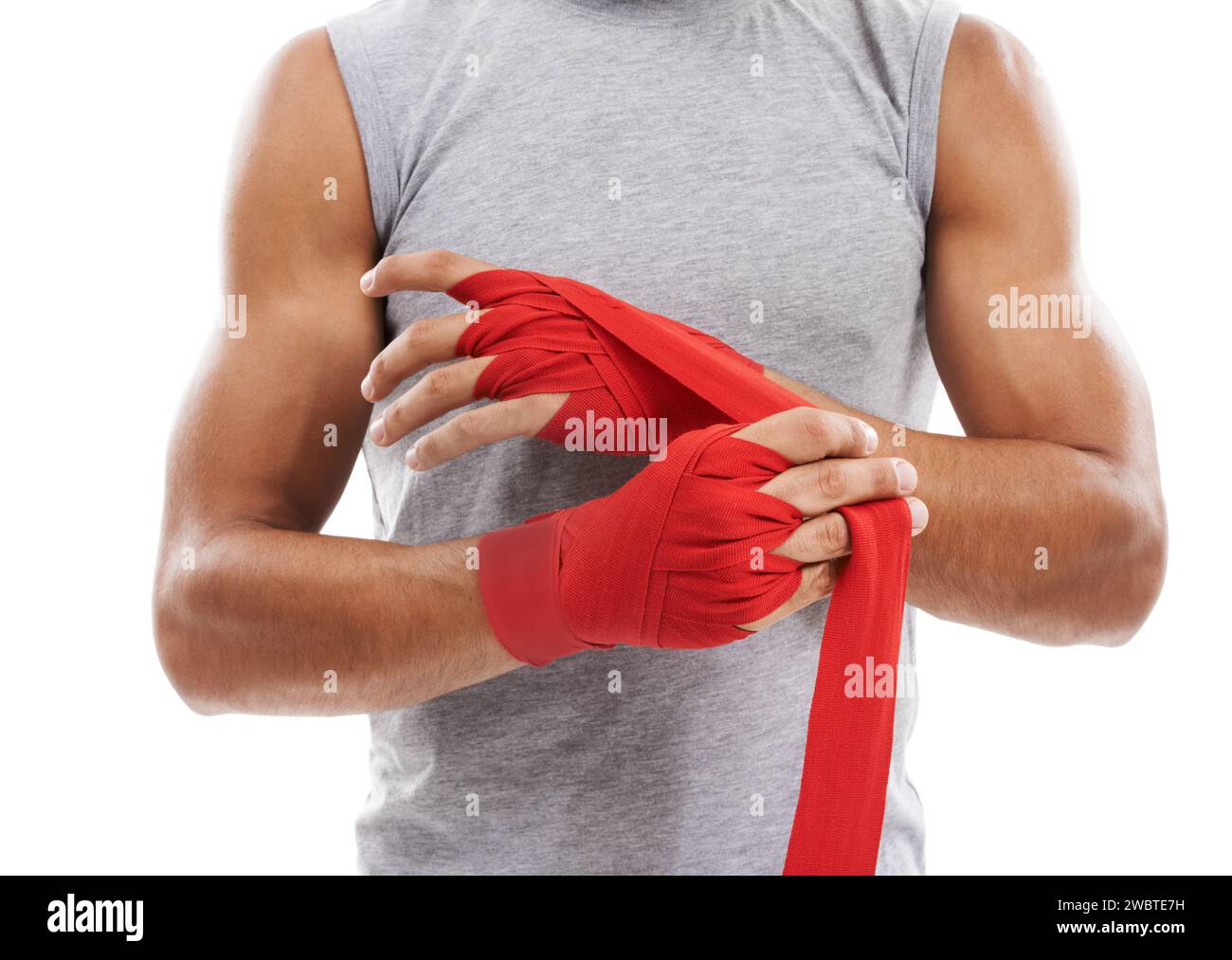 Wrapping hands, kickboxing and person ready for fitness in studio ...