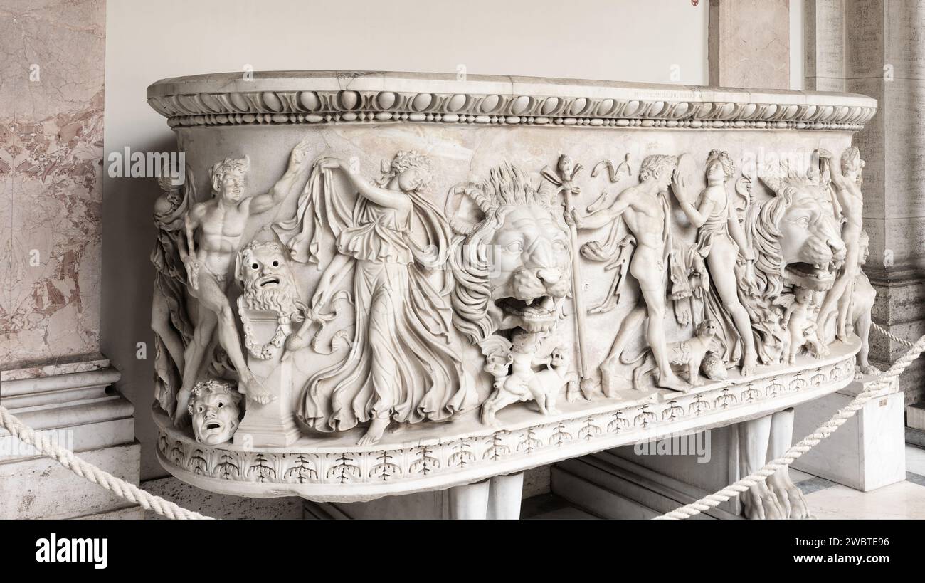 Sarcophagus, dating from 180 AD, featuring cortege of Dionysius ...