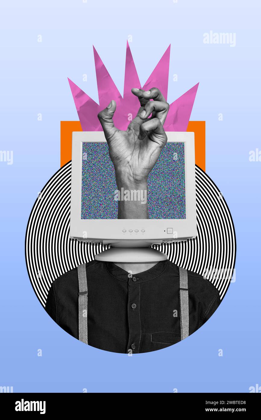 Collage image sketch of weird person faceless man pc computer fake news ...