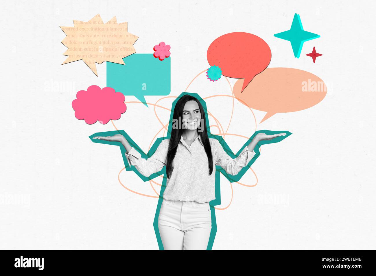 Photo poster collage picture smiling young woman hold textbox dialog ...