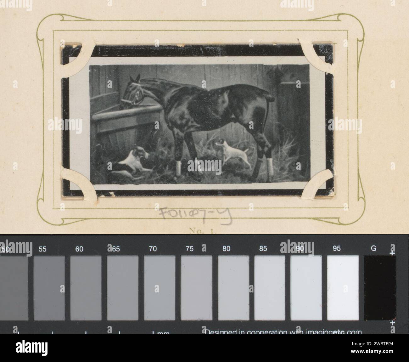 Reproduction of a drawing of a horse and two dogs in a stable ...
