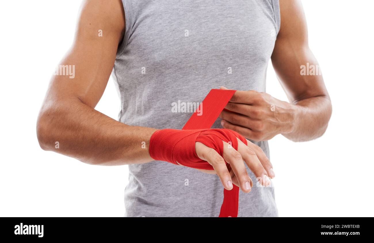 Hand wrap, kickboxing and person ready for fitness in studio, sports ...