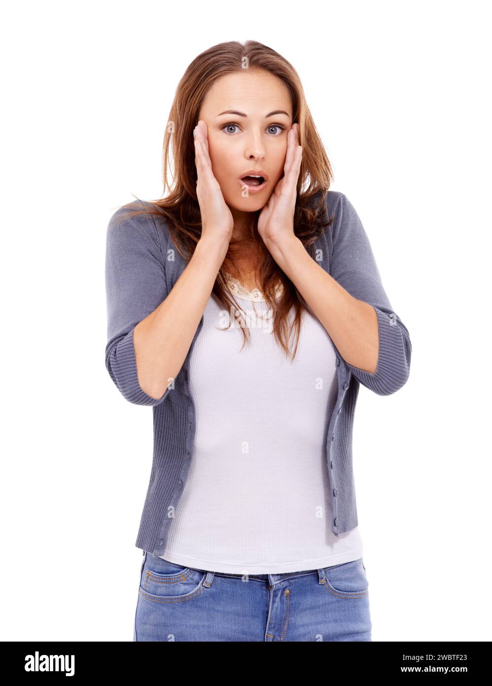 Woman in portrait, surprise face for announcement and shock with expression, emoji and alarm on ...