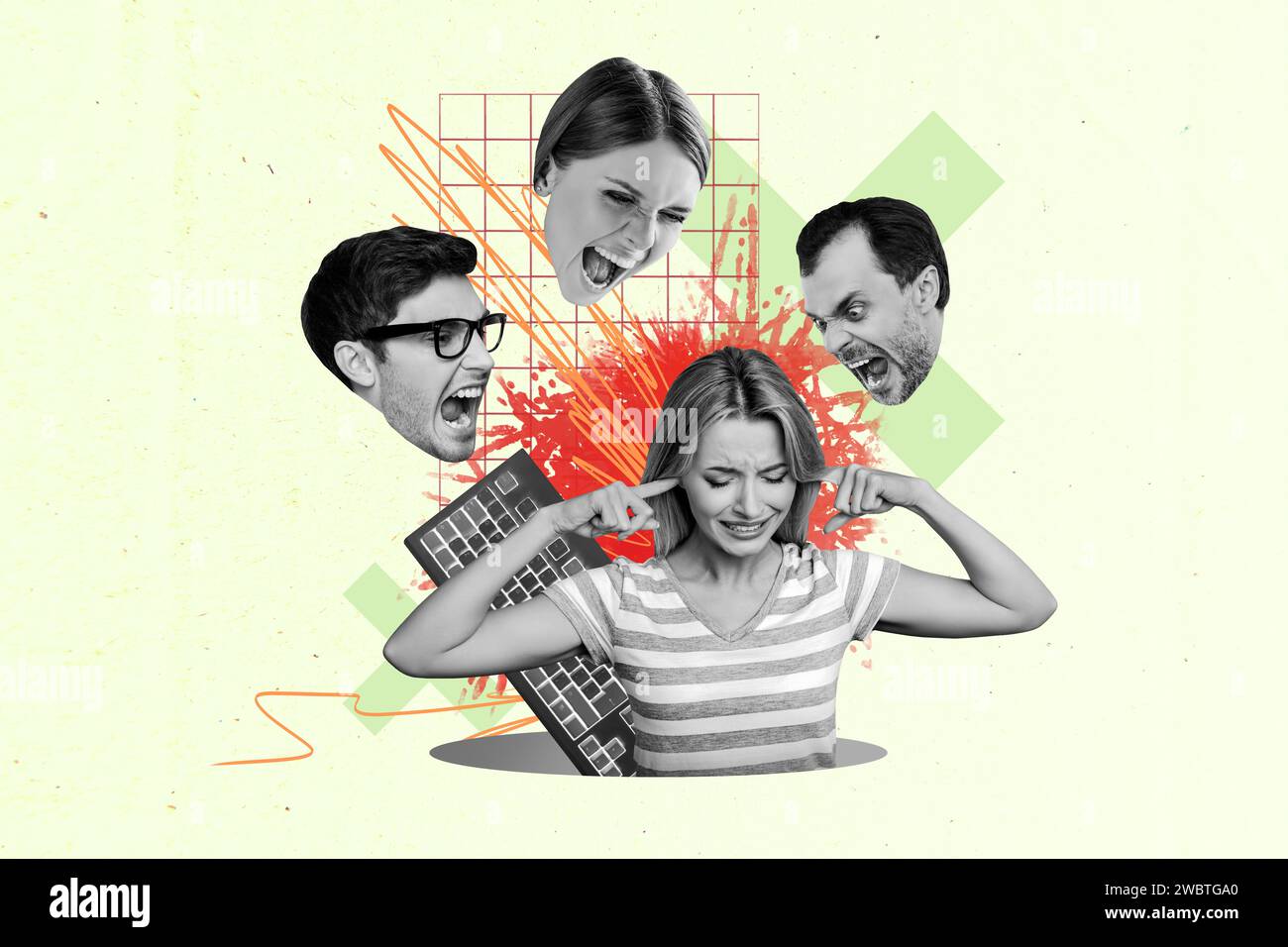 Photo illustration image collage businesspeople woman closed ears ...