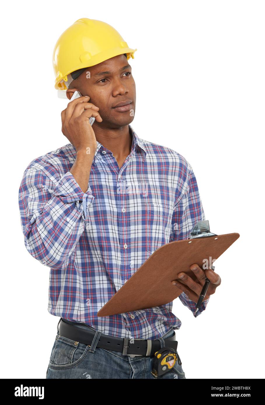 Phone call, construction and man with clipboard on a white background ...
