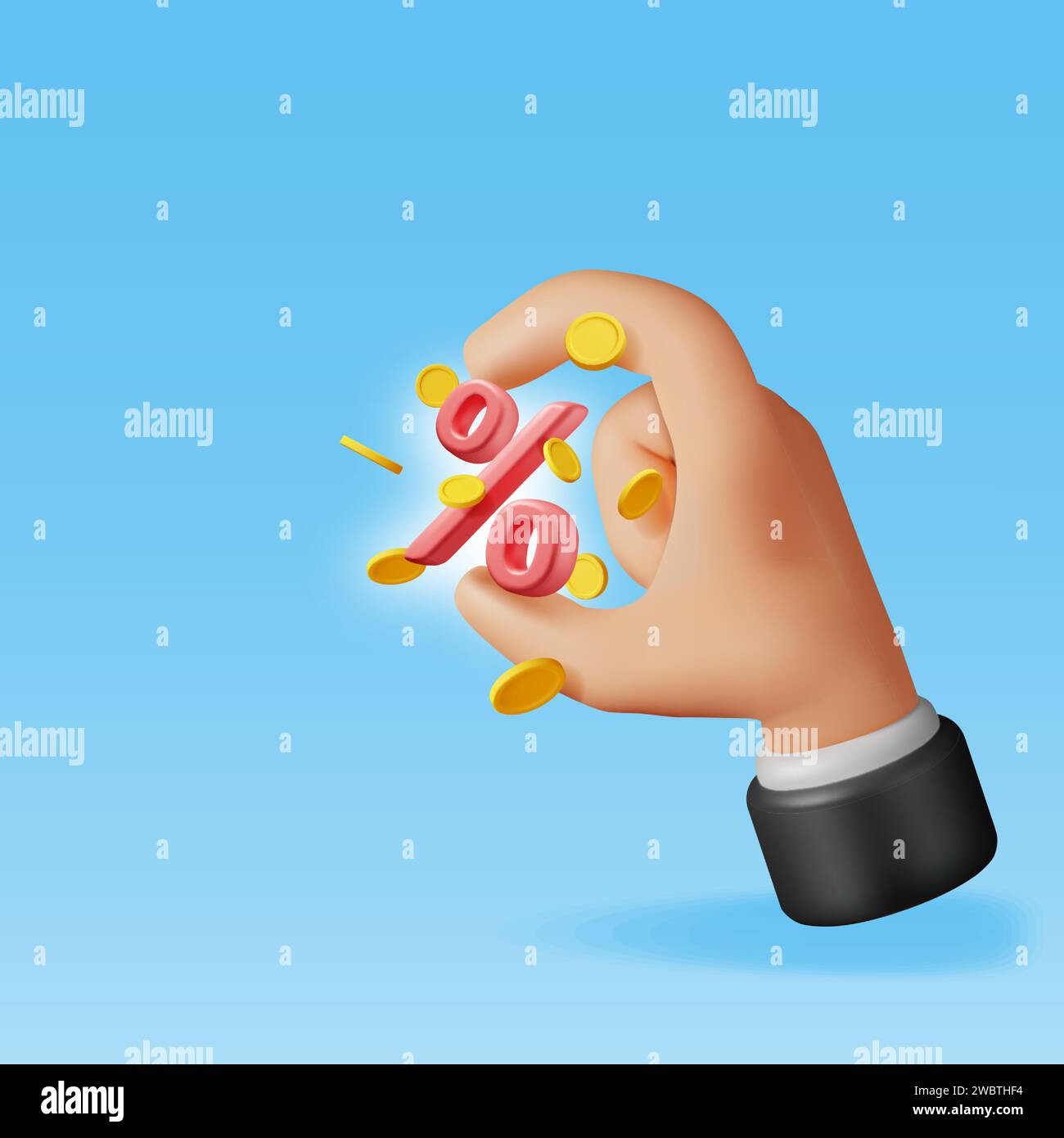 3D Realistic Percent Sign Icon with Coins in Hand Stock Vector Image ...