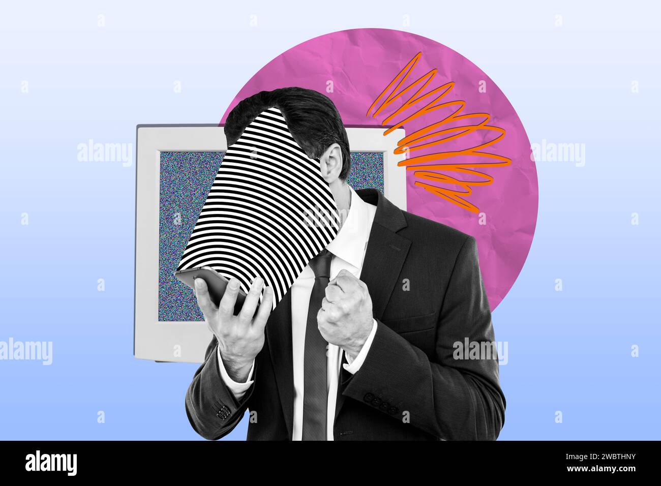 Photo collage standing business man worker browsing phone get ...