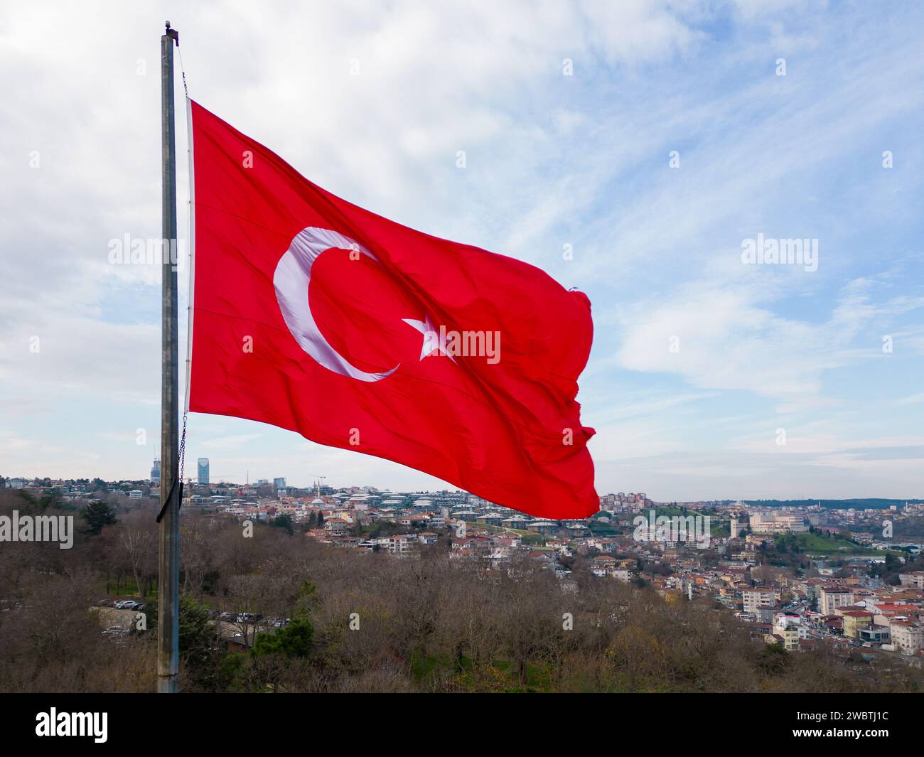 Turkish flag waving in close-up against the backdrop of Istanbul Stock ...