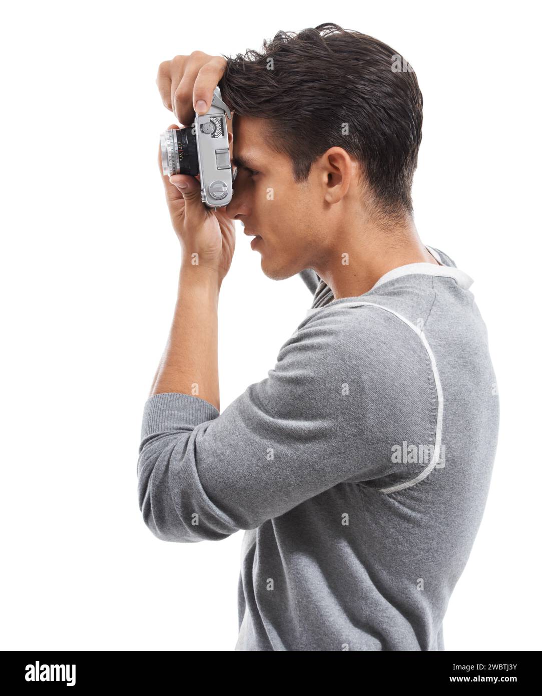 Photographer, man and profile with digital camera in studio for ...