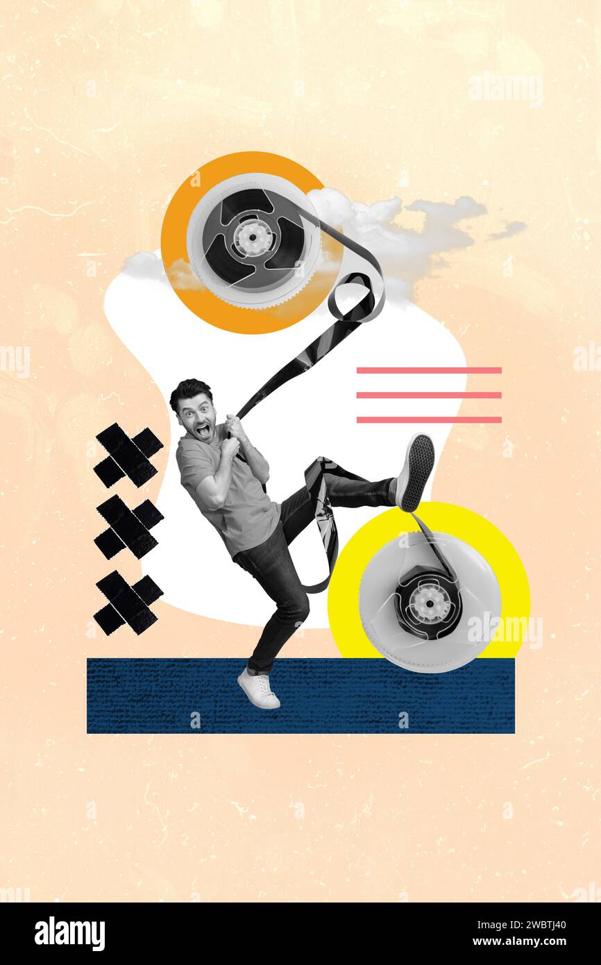 Vertical funny photo collage of miniature crazy guy pull big cassette ...