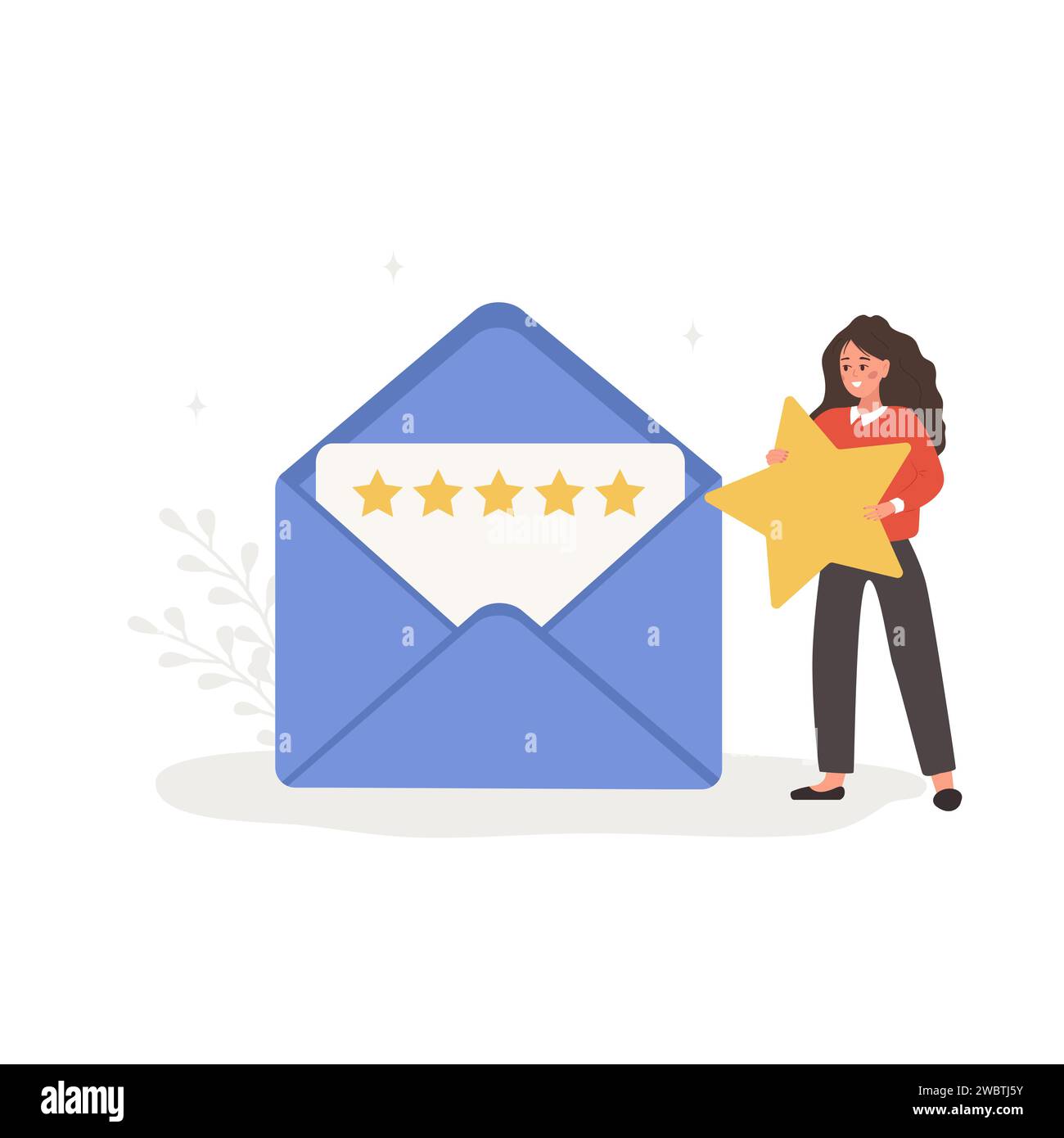 Customer feedback concept. Woman holding huge star. User giving five ...