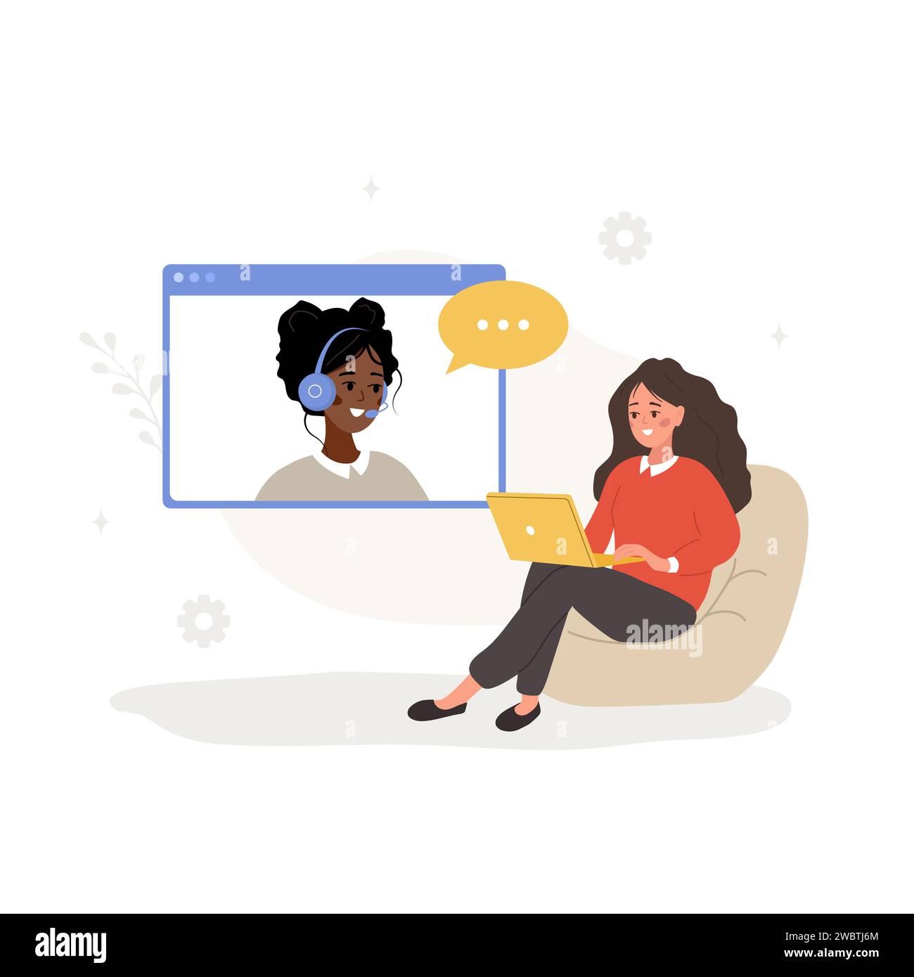 Customer service concept. Female client with laptop talking to online support. Call center or ...