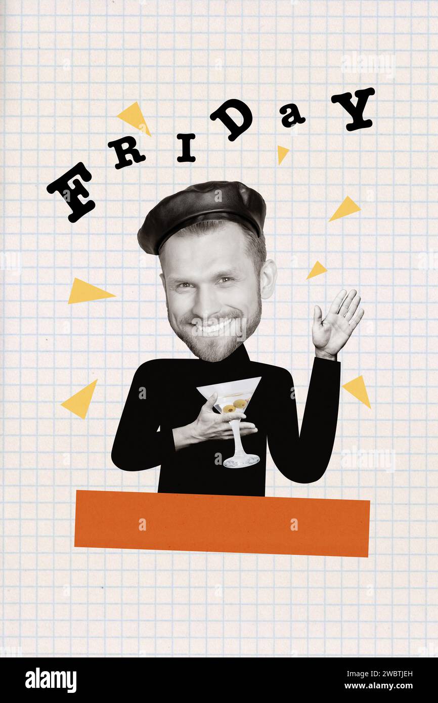 Vertical creative collage banner poster young guy celebration friday ...