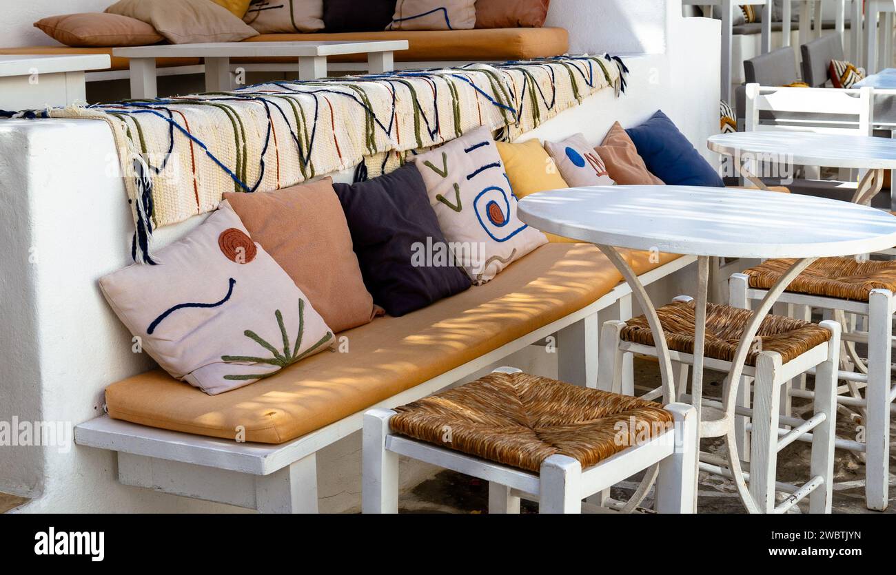 Greek cafe close-up in summer. Paros island, Greece Stock Photo - Alamy
