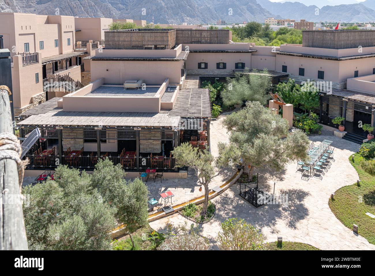 Khasab, Musandam, Oman - Nov 11 2023; Interior Courtyard and restaurant ...