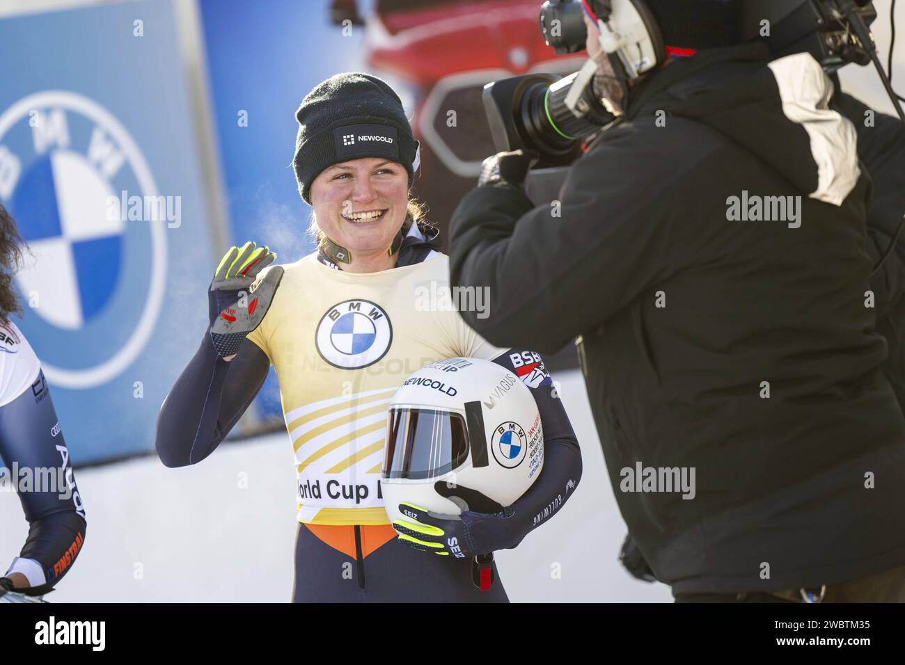 Kimberley Bos of Netherlands reacts after the Women's Skeleton World ...