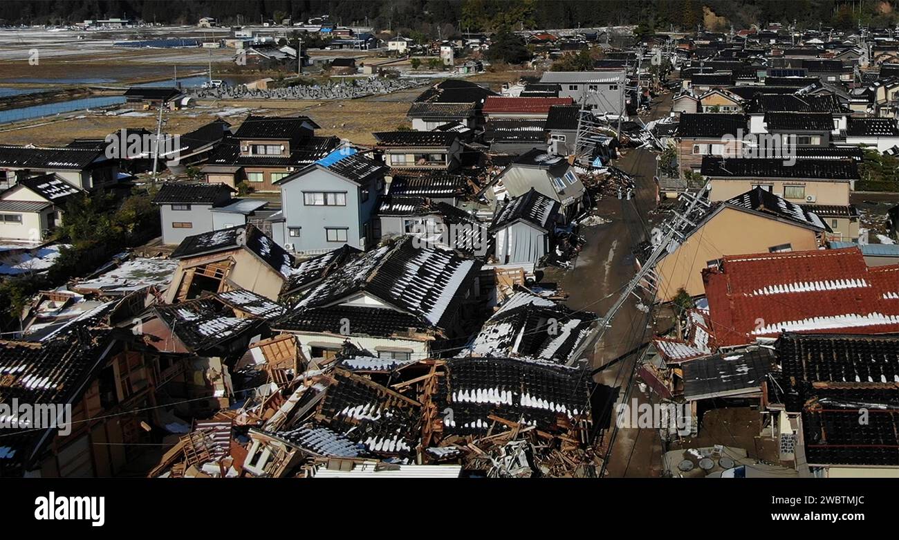 A drone photo shows disaster-stricken area in Suzu City, Ishikawa ...