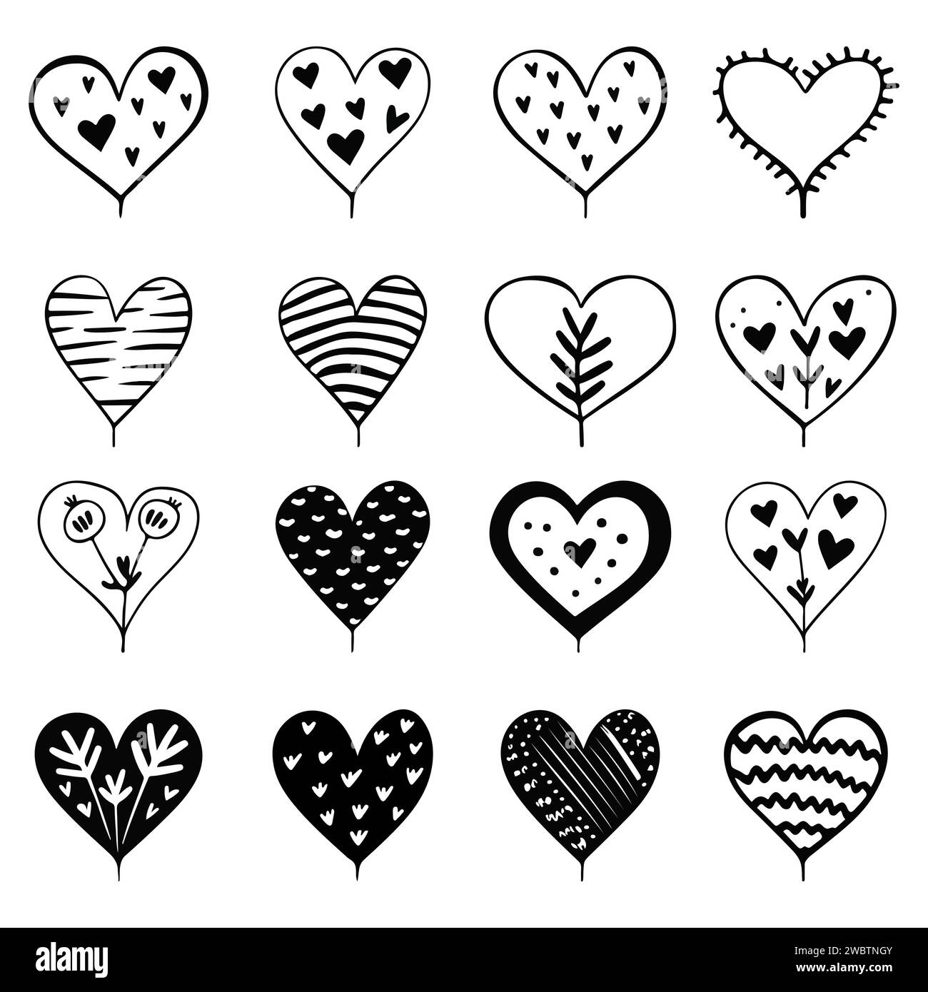 Doodle sketch hearts, hand drawn love heart collection isolated on white background. Vector ...