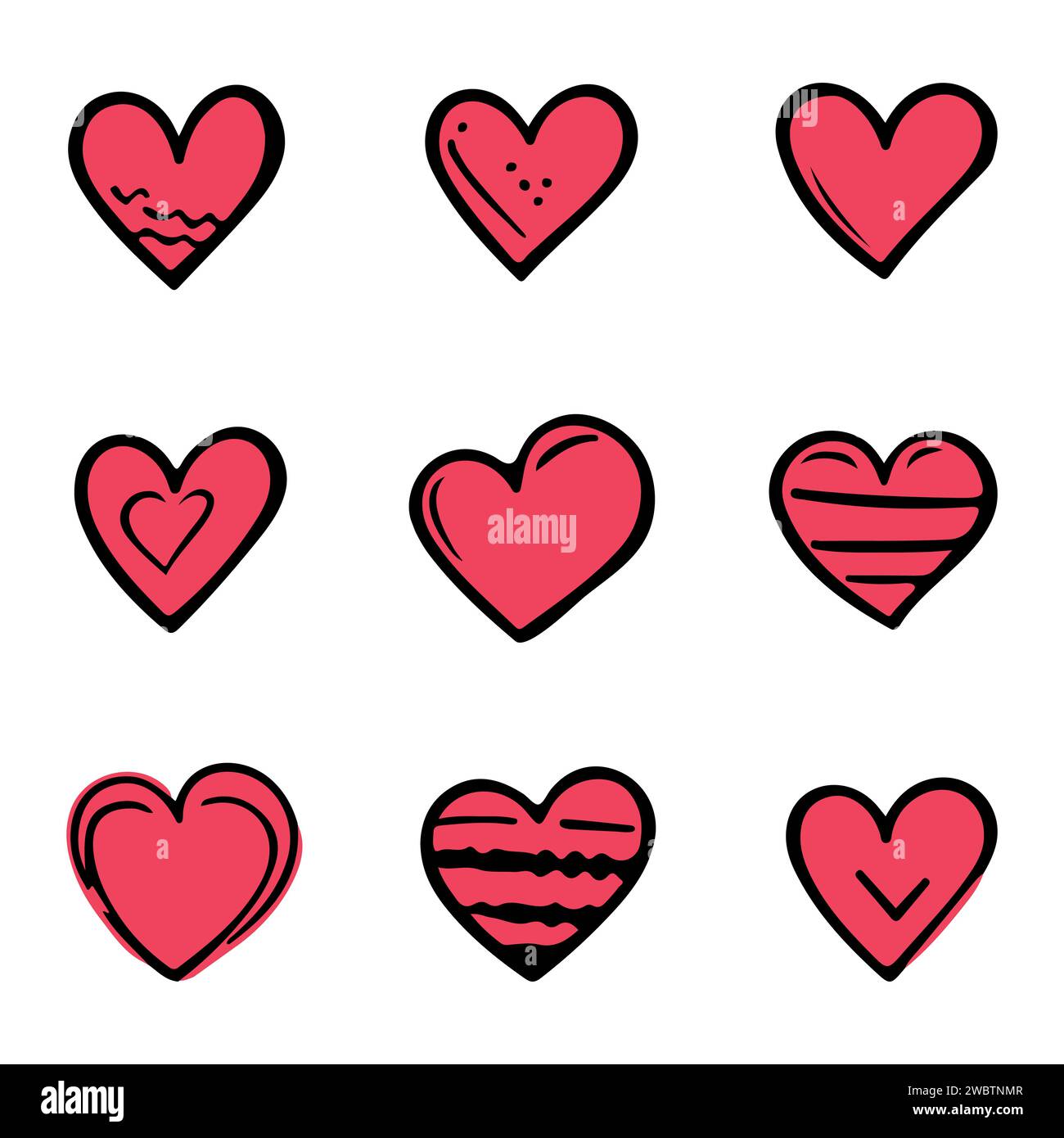 Red doodle hearts, hand drawn love heart collection isolated on white background. Vector ...