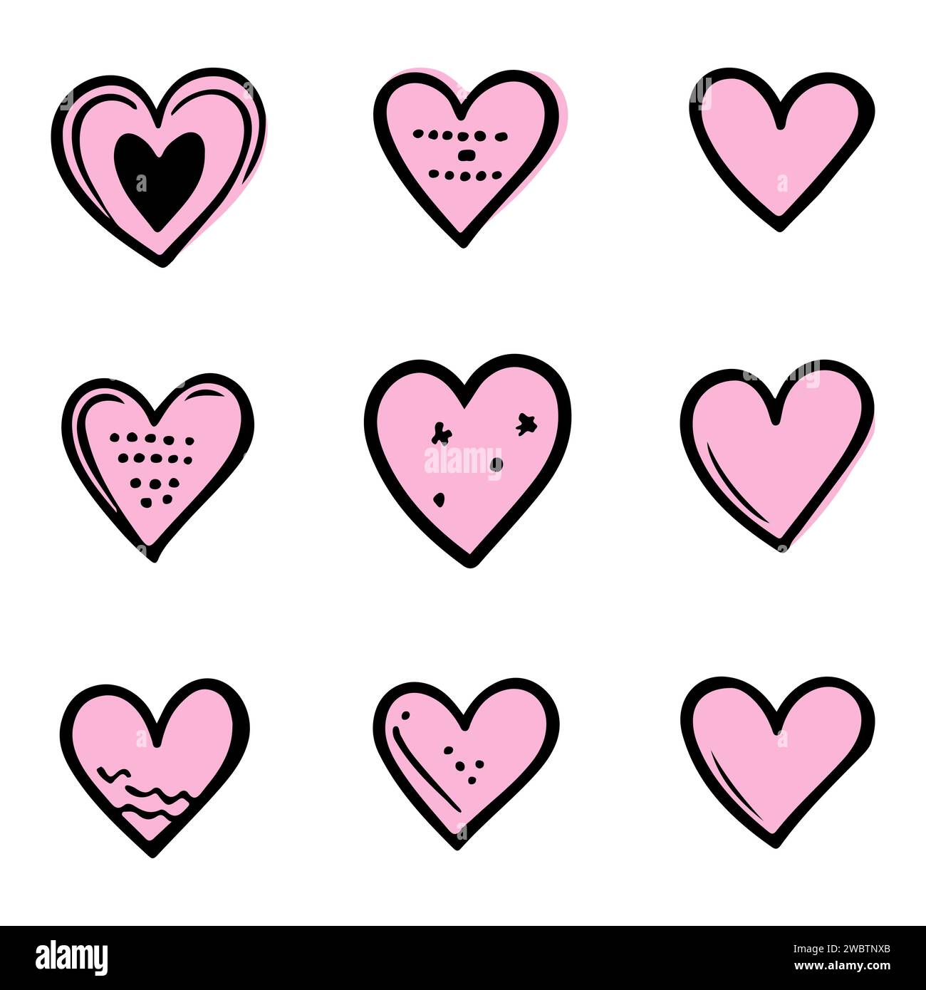 Pink Doodle Hearts Hand Drawn Love Heart Collection Isolated On White