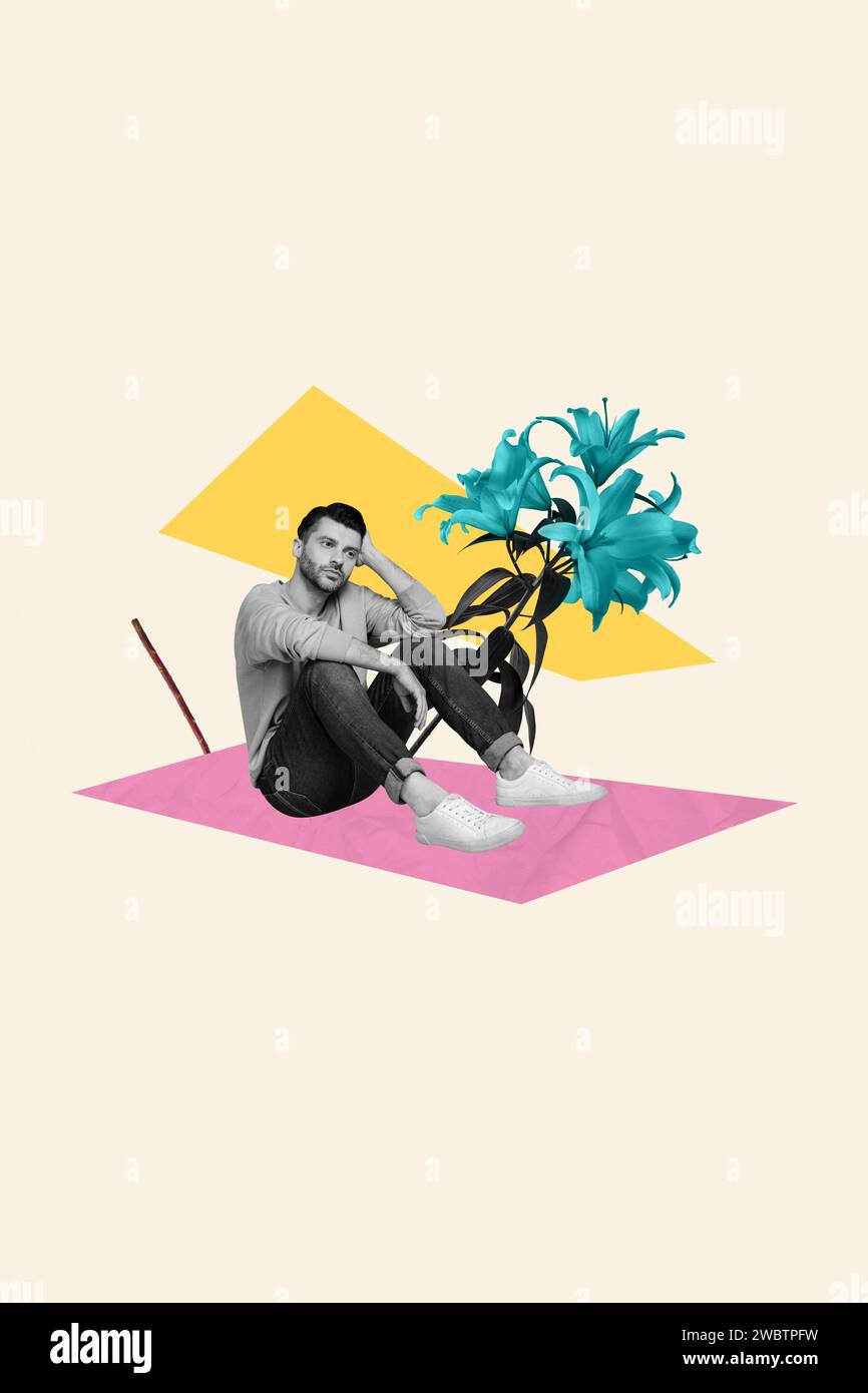 Vertical composite creative collage photo of disappointed guy sit on ...