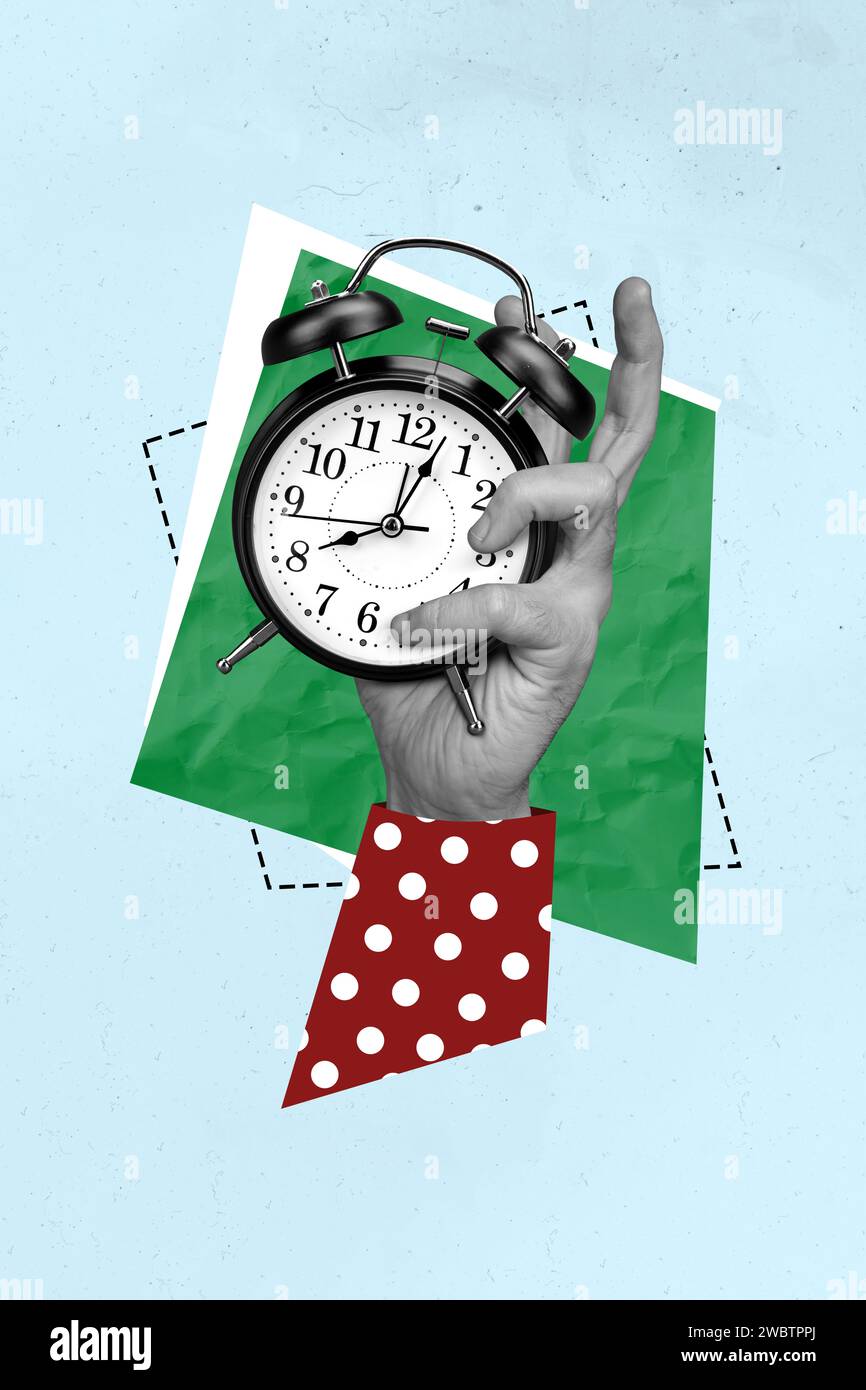 3d pinup pop retro sketch image of arm holding vintage clock showing ...