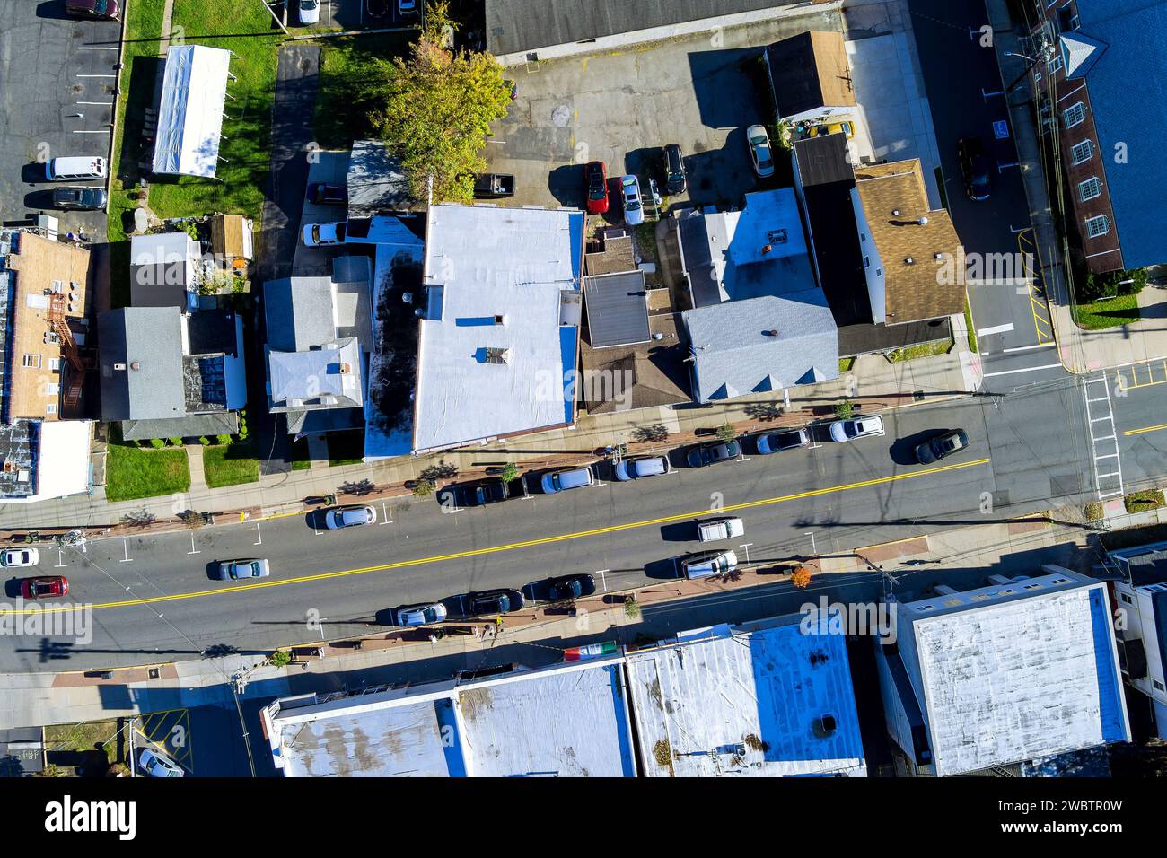 Aerial view of road with cars in small American town Stock Photo - Alamy